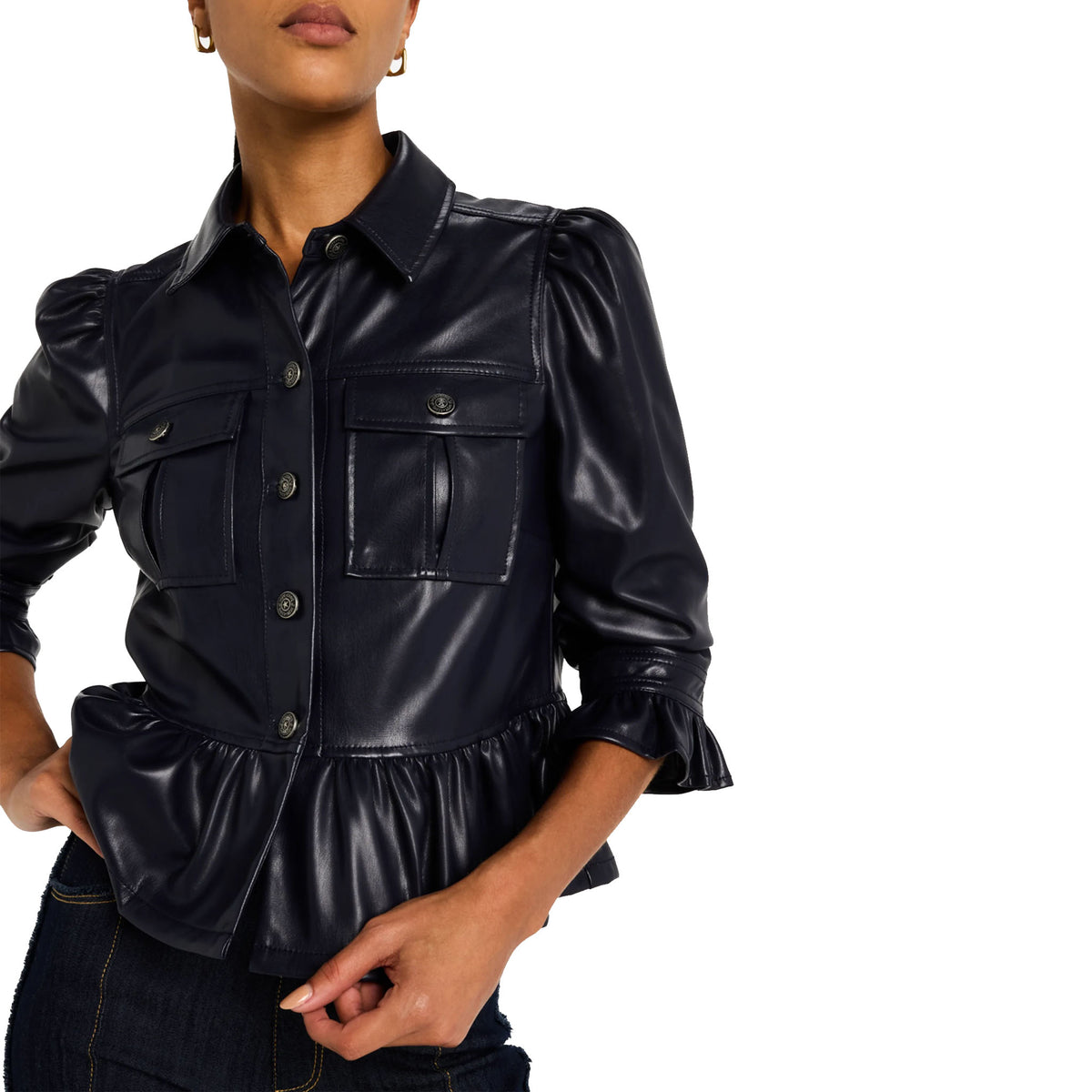 Point Collar Ruffle Trim Vegan Leather Jacket For Women | HOTLEATHERWORLD