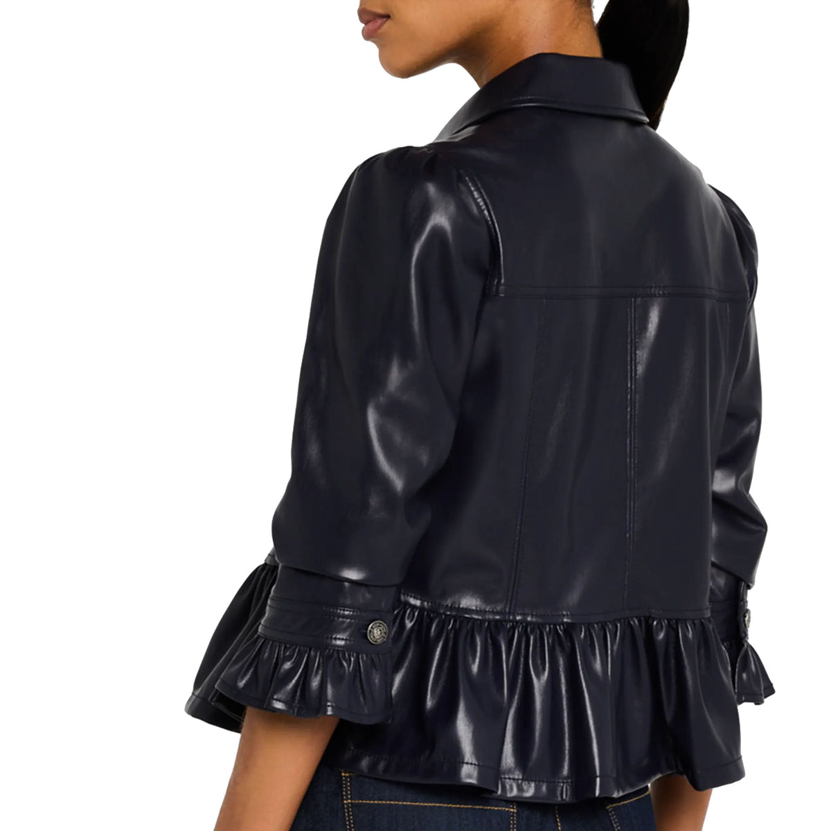 Point Collar Ruffle Trim Vegan Leather Jacket For Women | HOTLEATHERWORLD