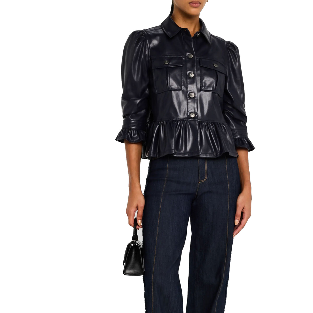 Point Collar Ruffle Trim Vegan Leather Jacket For Women | HOTLEATHERWORLD
