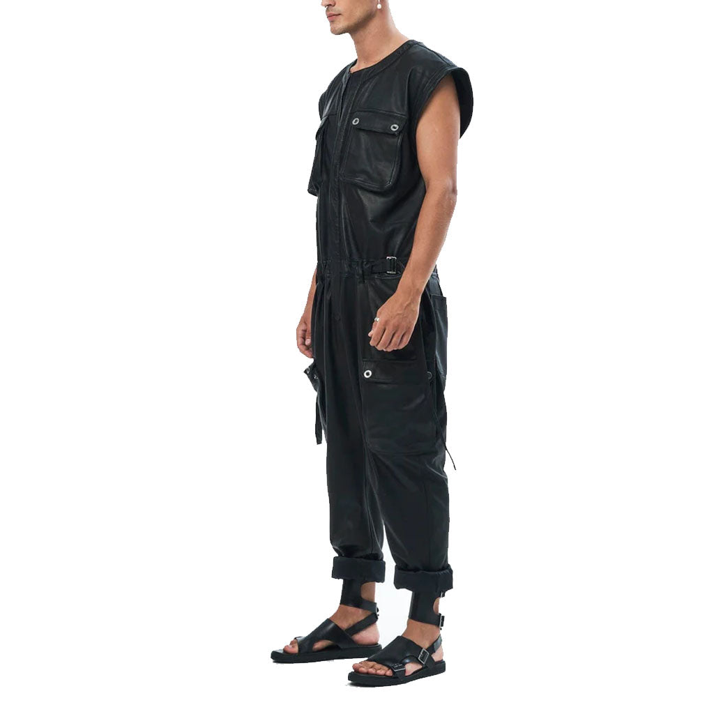 Solid Black Men Street Style Leather Jumpsuit | HOTLEATHERWORLD