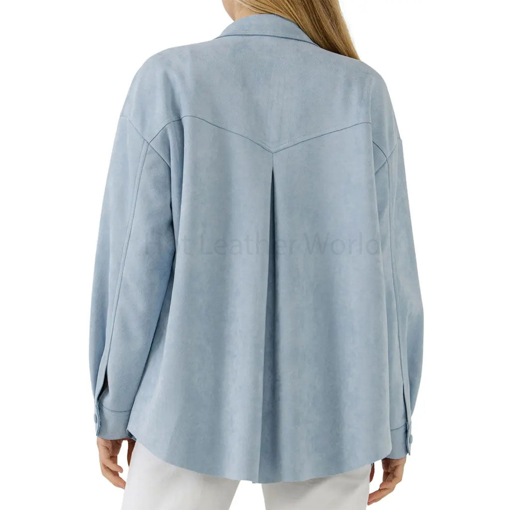 Sky Blue Button Down Women Suede Leather Shirt | HOTLEATHERWORLD