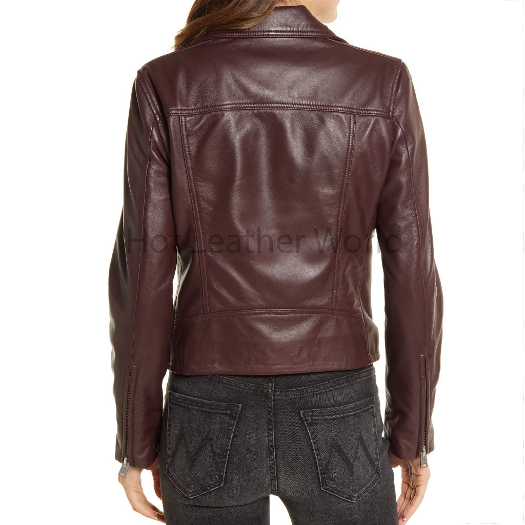 Elegant Notch Lapel Overlapping Deep Red Women Leather Jacket ...