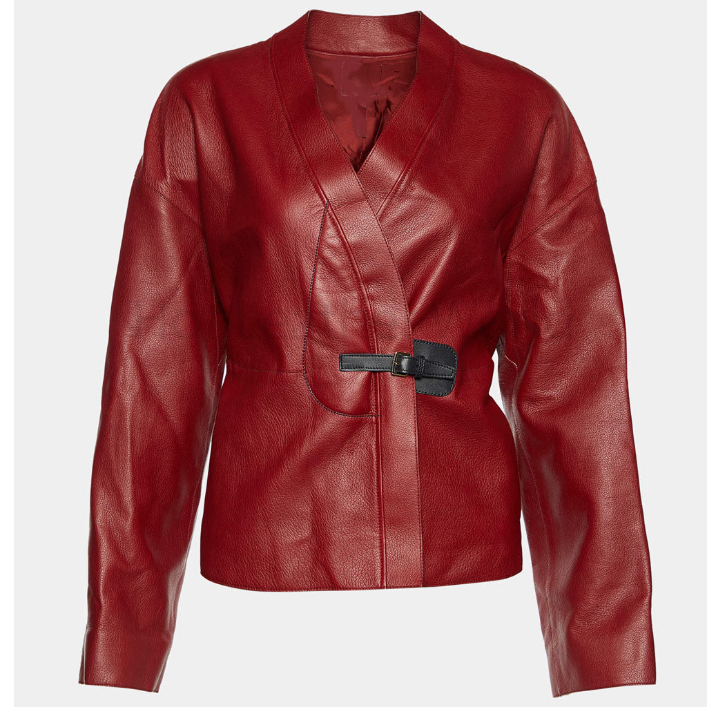 Bright Red Overlapping Women Leather Jacket For Valentine | HOTLEATHERWORLD