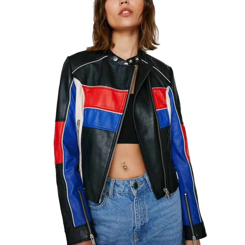Solid Black Colorblock Café Racer Style Women Leather Jacket ...