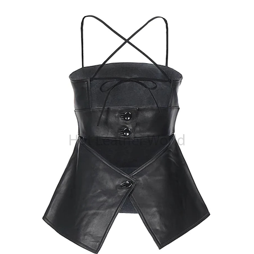 Black Elegant Spaghetti Strap Women Evening Leather Top | HOTLEATHERWORLD