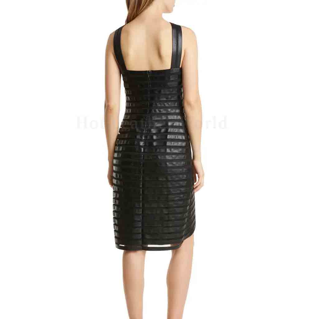 Voguish Black Banded Women High Low Leather Dress | HOTLEATHERWORLD